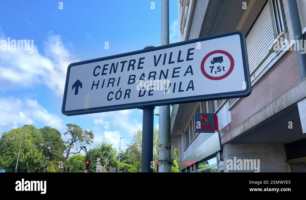 "Town center" sign in french, basque and gascon languages in Bayonne ...
