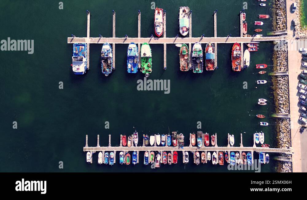 Top overhead view of port or harbour full of yachts, boats, sailboat ...