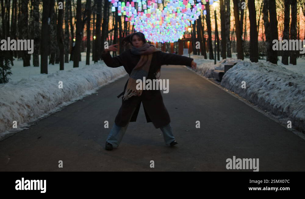 Dancer woman dance in winter park,, dancing in snow forest, north new ...