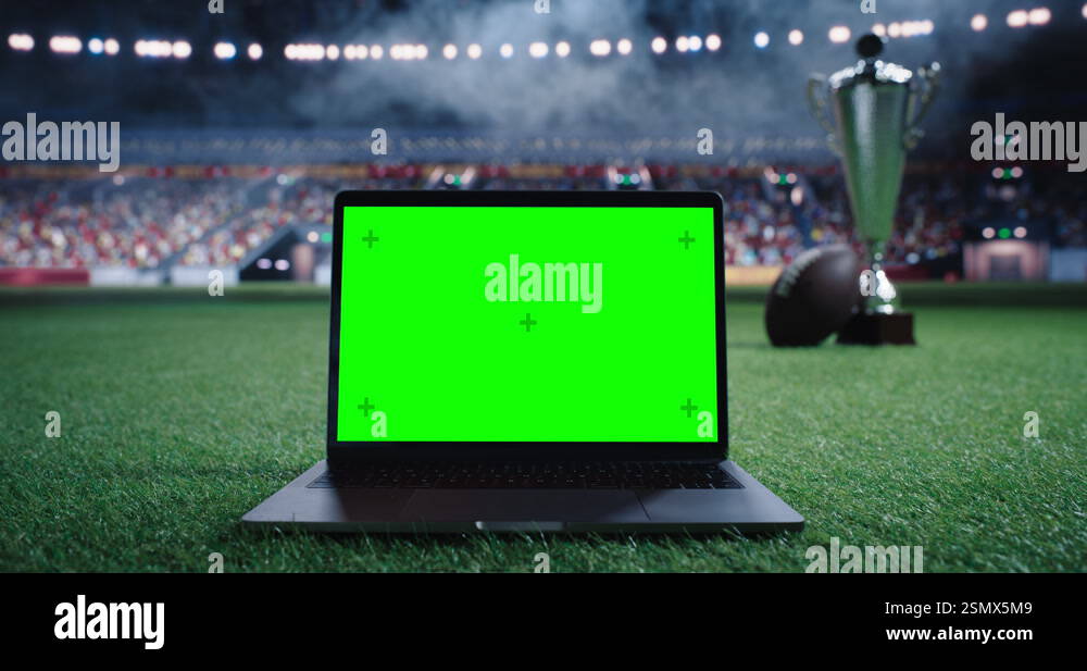 Laptop with Green Screen Standing on Football Field Stock Video Footage ...