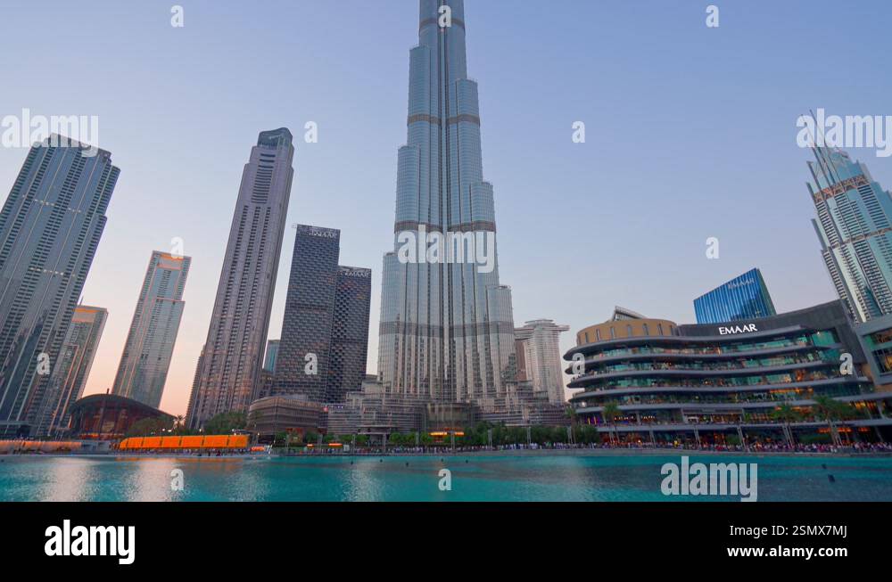 4k, Panoramic view of Burj Khalifa tower with movement from below ...
