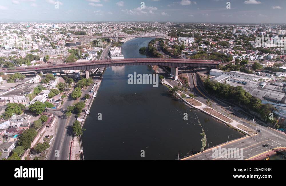 Aerial of Ramón Matías Mella and Floating Bridges over Ozama River ...