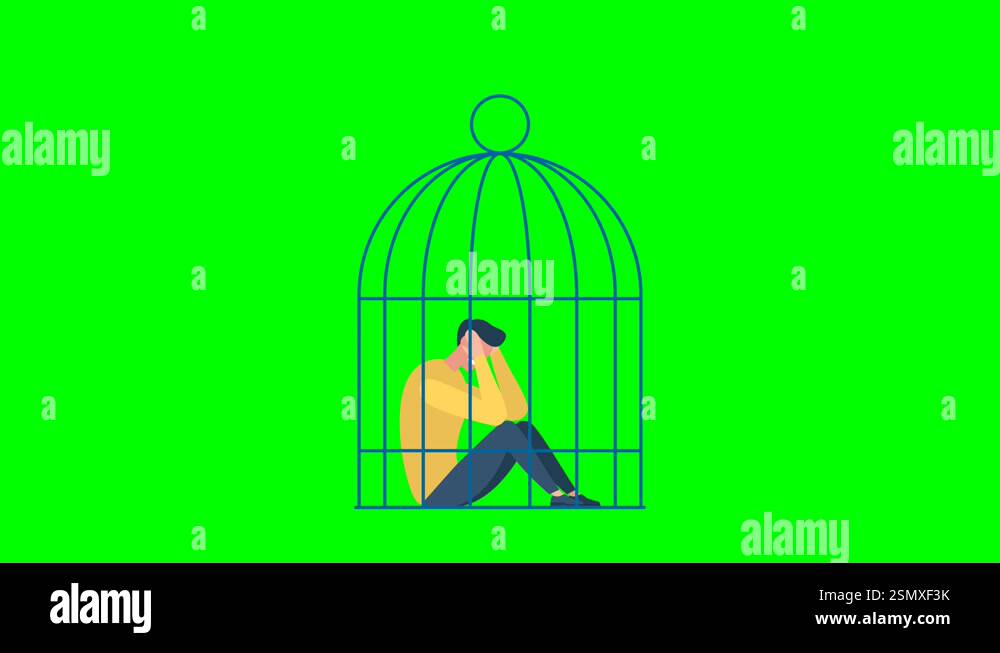 Birdcage falls on top of a sad guy sitting on the ground. Sad man ...