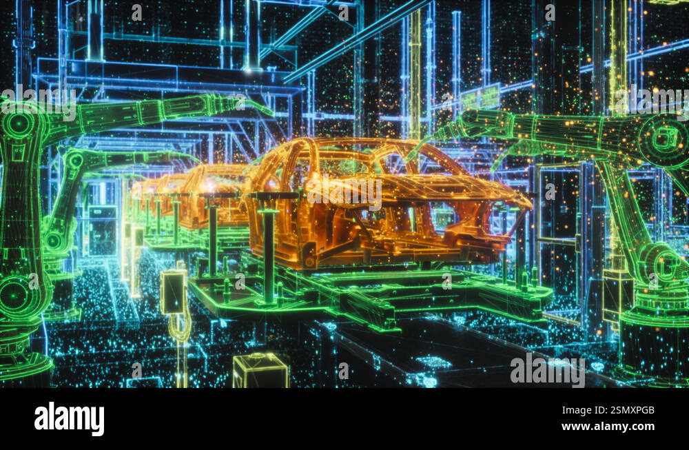 Computer Vision Autonomous Car Factory With Robot Arms Stock Video ...