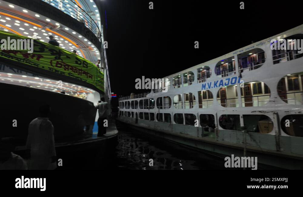 Ferry to Barisal at Sadaghat Launch Terminal at night, Dhaka ...