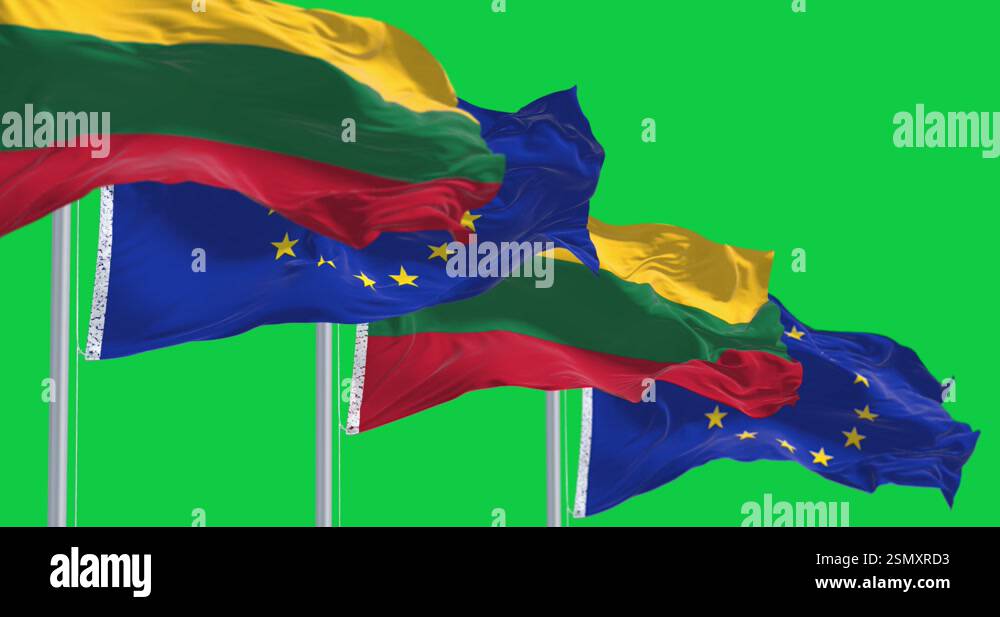 Flags of Lithuania and the European Union waving isolated on green ...