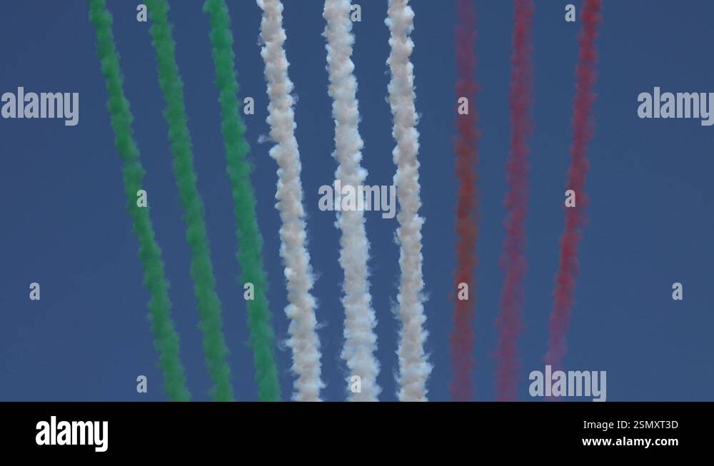 Frecce Tricolori of Italy Air Force Jets Flyover with Green, White, Red ...