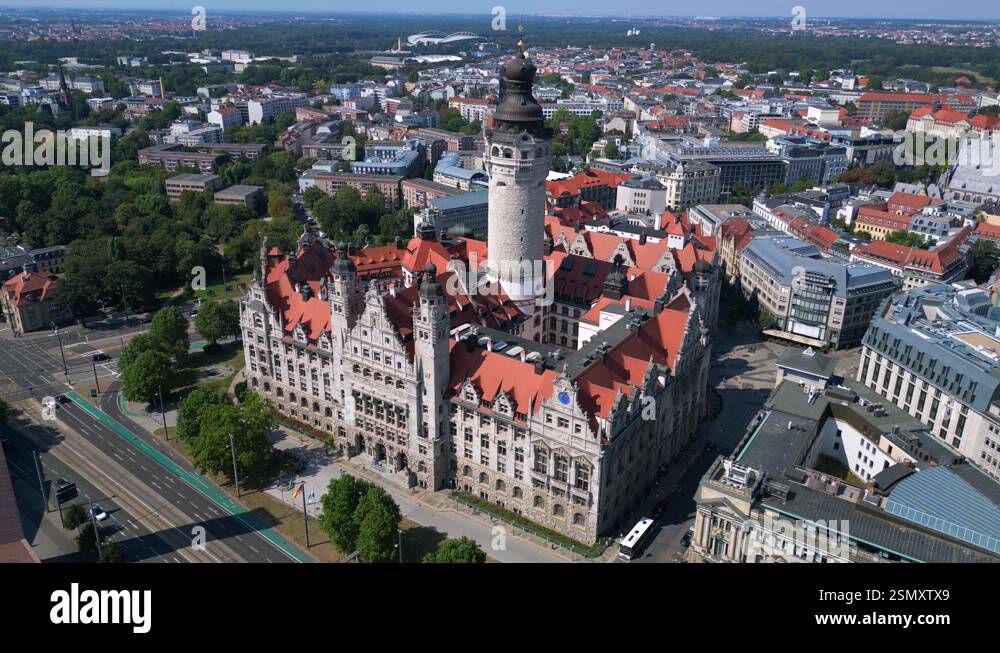 Leipzig new city hall tower, summer day. Beautiful aerial view flight ...