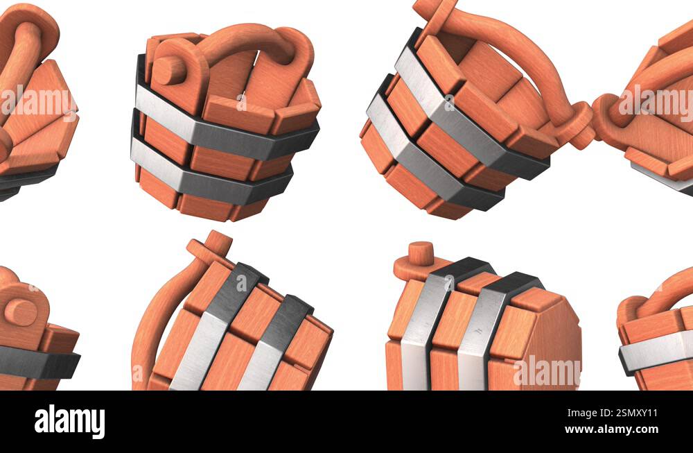 3D Wooden Bucket Falling on a White Background. Wooden Bucket 3D ...