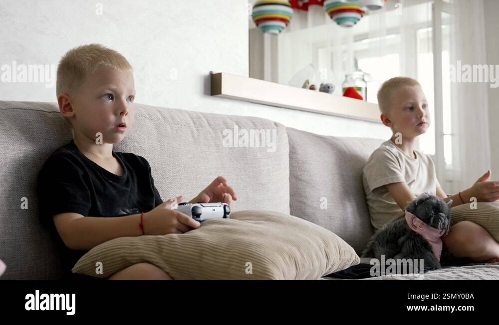 Two Boys Gaming Together on a Couch With Their Pet in a Bright Living ...