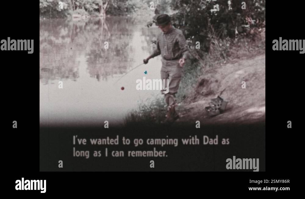 1950s: Man casts fishing line. Man packs camping gear, and waves good ...