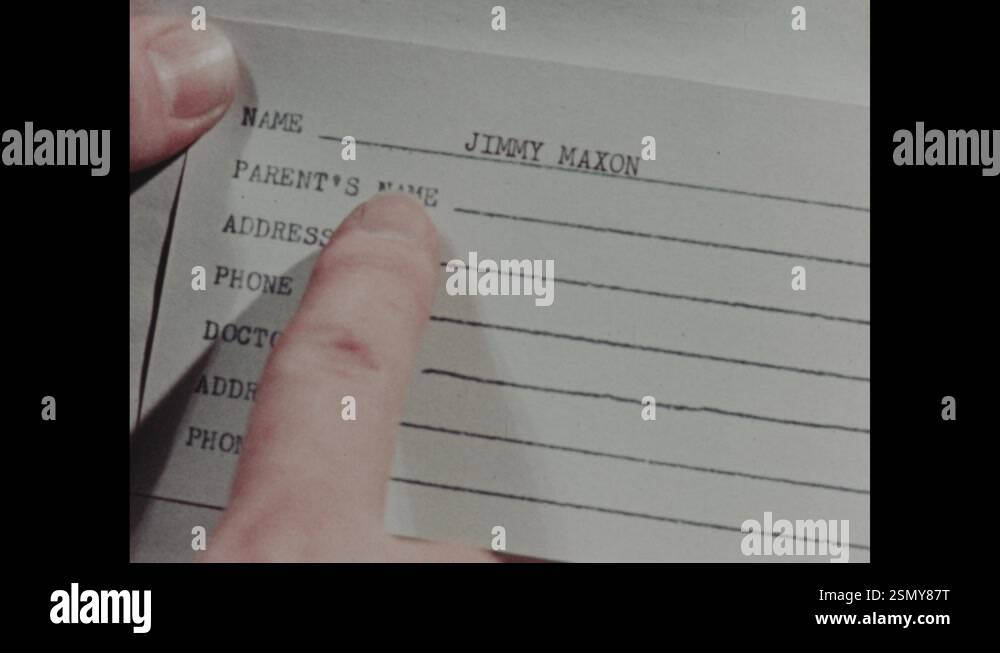 1950s: Lined Index card with Name Jimmy Maxon. Blanks for: Parent's ...