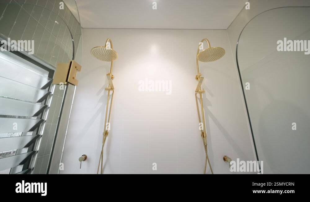 Elegant modern bathroom with dual gold shower heads in a luxury small ...