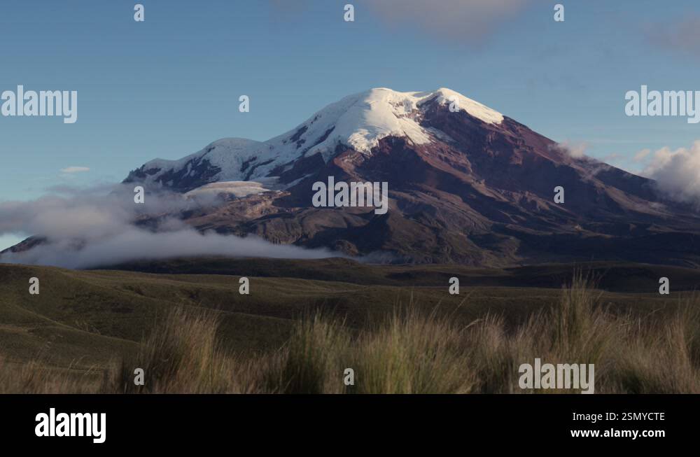 Drone overview of Volcan Chimborazo in Ecuador with clouds swirling ...