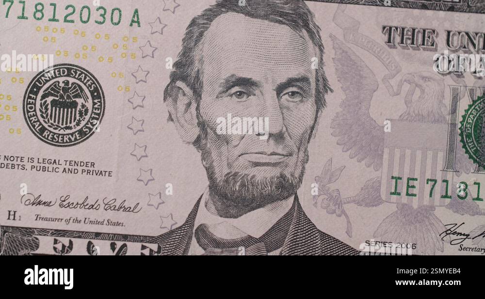 United States money. Details of the American five dollar banknote Stock ...