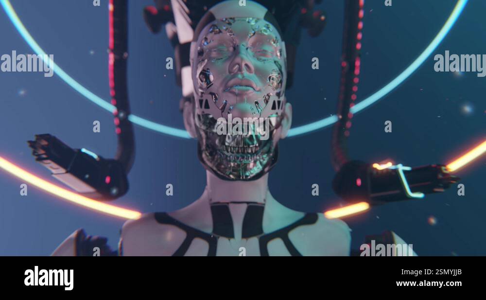 A futuristic robot with metal skull illuminated by neon lights Stock ...