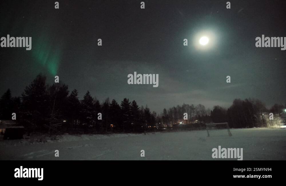 Snowy soccer pitch in Rovaniemi, Lapland under the northern lights in ...