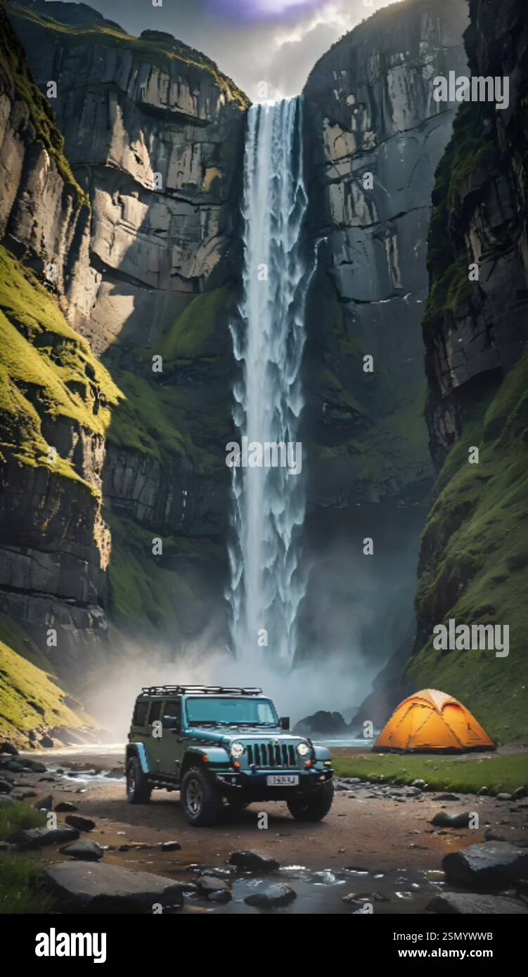 Green jeep under waterfall Stock Video Footage - Alamy