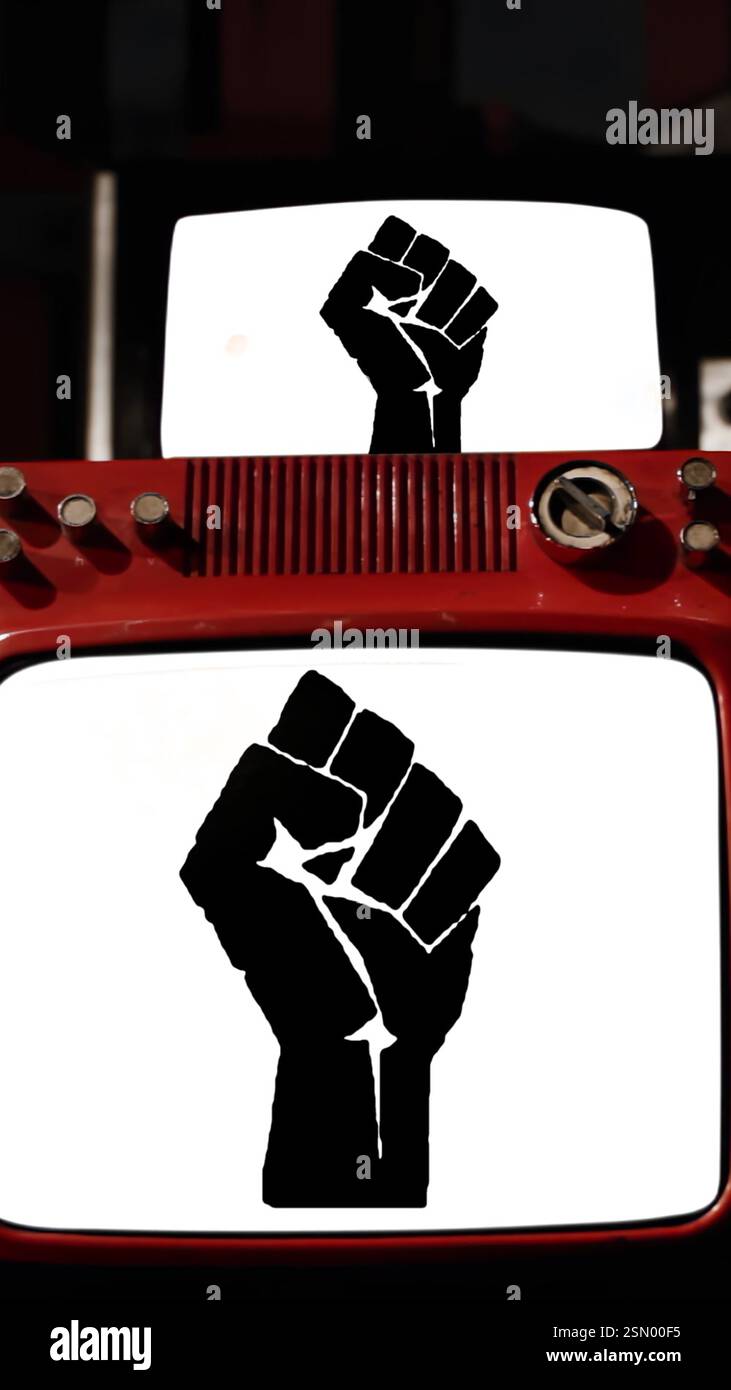 BLM Raised Fist Logo on Multiple Vintage TV Screens - Vertical 4K Stock ...