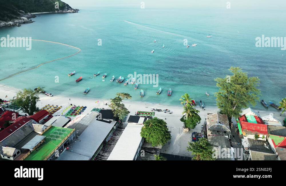 Aerial view of Haad Rin Beach, famous for its Full Moon Party, showing ...