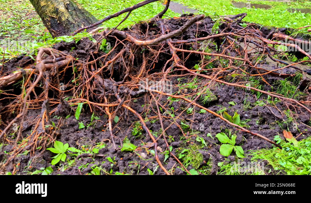 Tree uprooted due to storm revealing intertwined roots and disturbed ...
