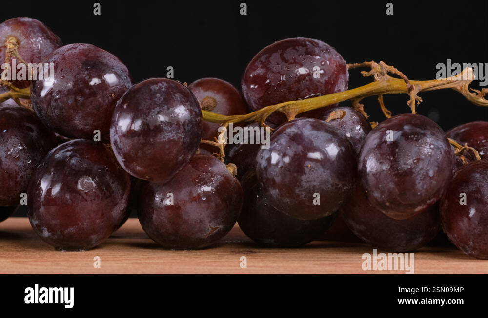 Purple grapes with black background, camera moves from right to left on ...