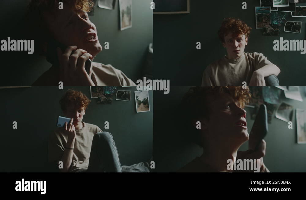 Split Screen of Emotional Young Man Having Intense Phone Conversation ...