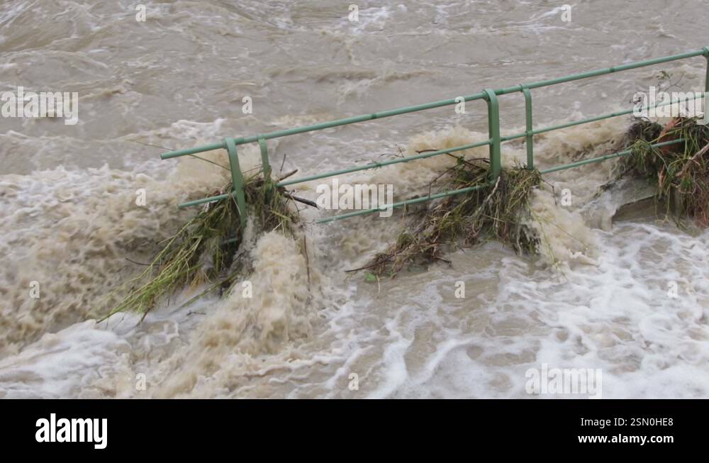River overflows in floods, pedestrian stiles flooded with water Stock ...