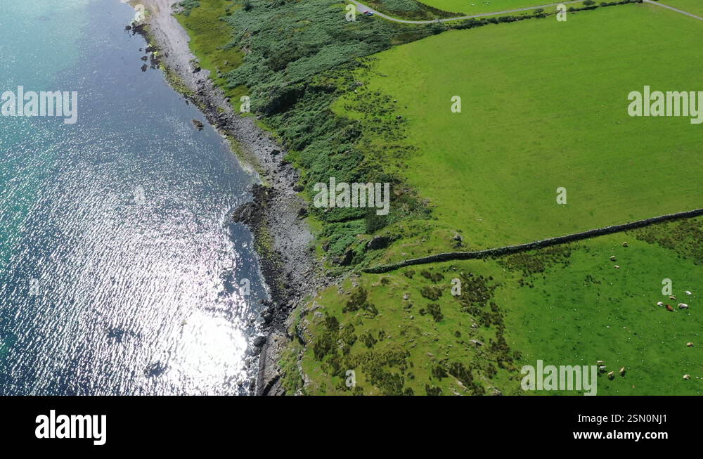 Aerial top down view showing the rigged coastline on the Island of ...