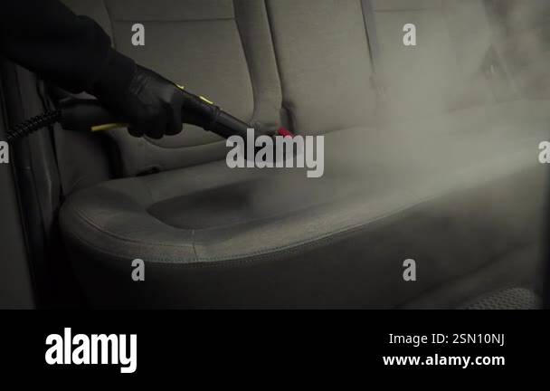 Detailing process of steam car seats clean 4k video. Steaming vaping ...