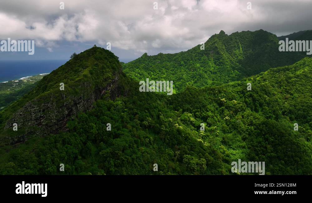 Aerial view of tropical mountain and sea, Cook Islands Stock Video ...