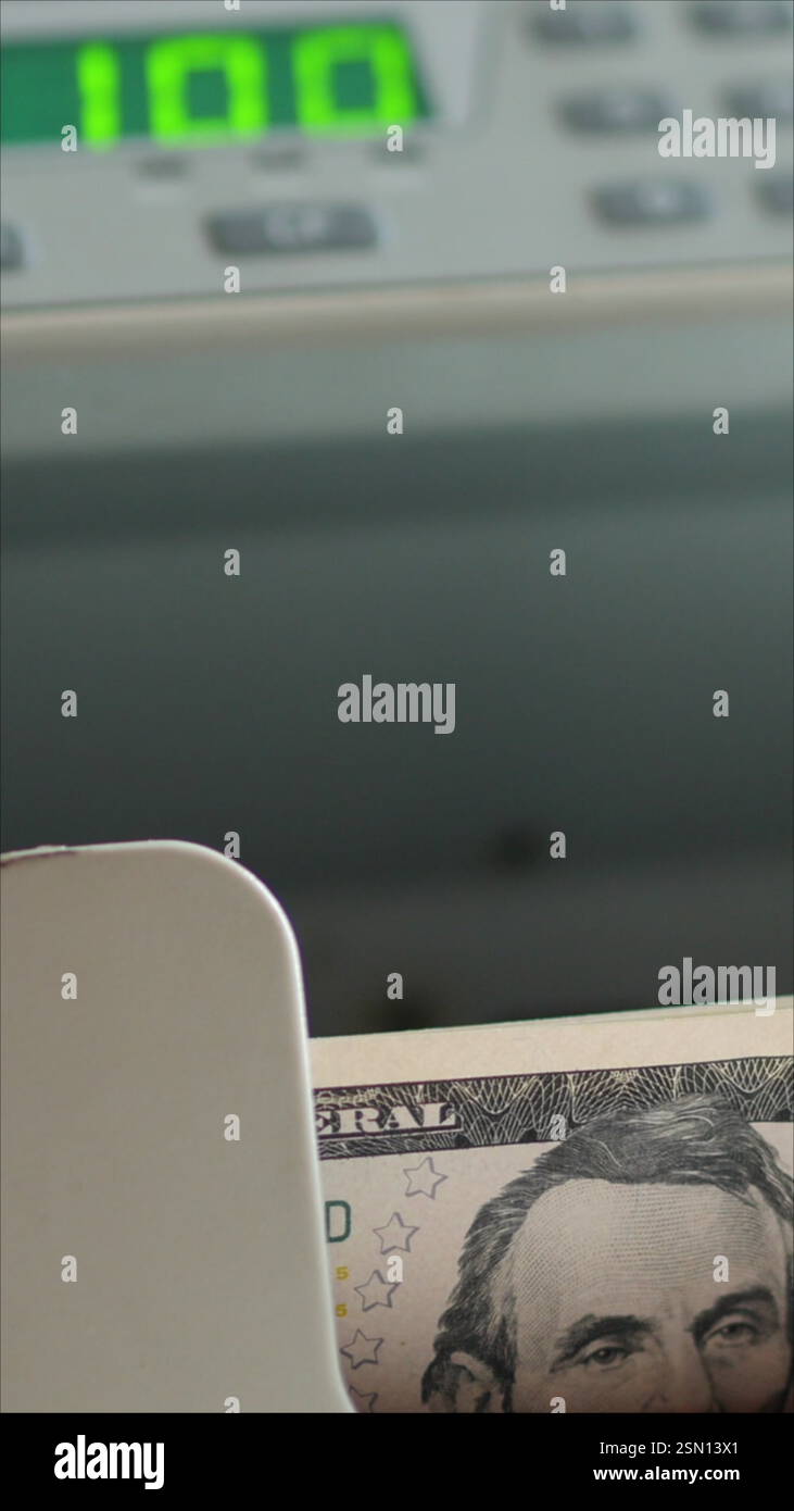 Currency Counter Machine Display. Counting Banknotes. 5 Dollar Bills ...