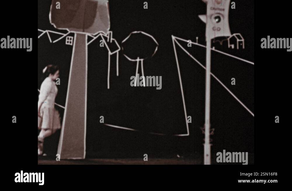 1960s: girl with lunchbox skips around stage with fake tree, traffic ...