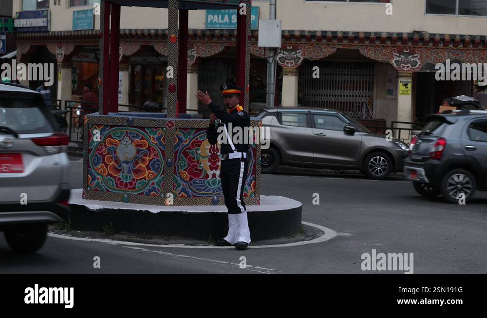 A traffic policeman at a circle road, Chang Gewog, Thimphu, Bhutan ...