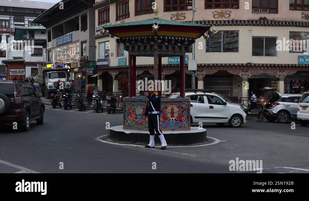 A traffic policeman at a circle road, Chang Gewog, Thimphu, Bhutan ...