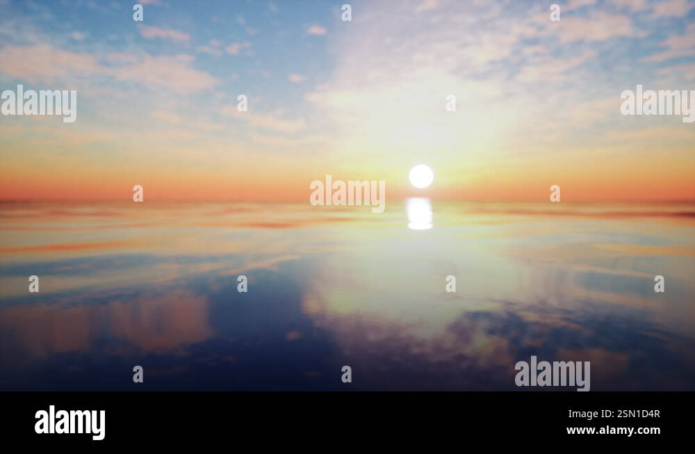 The sun is setting over the water and the clouds are reflected in the ...
