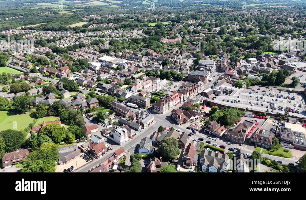 Pull back drone aerial reverse reveal Crowborough town in Kent UK Stock ...