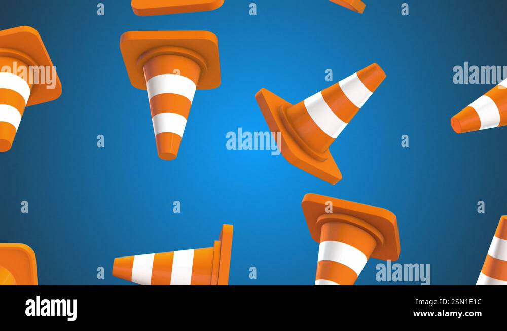 Traffic Cones Falling on a Blue Background. 3D Traffic Cones Animation ...