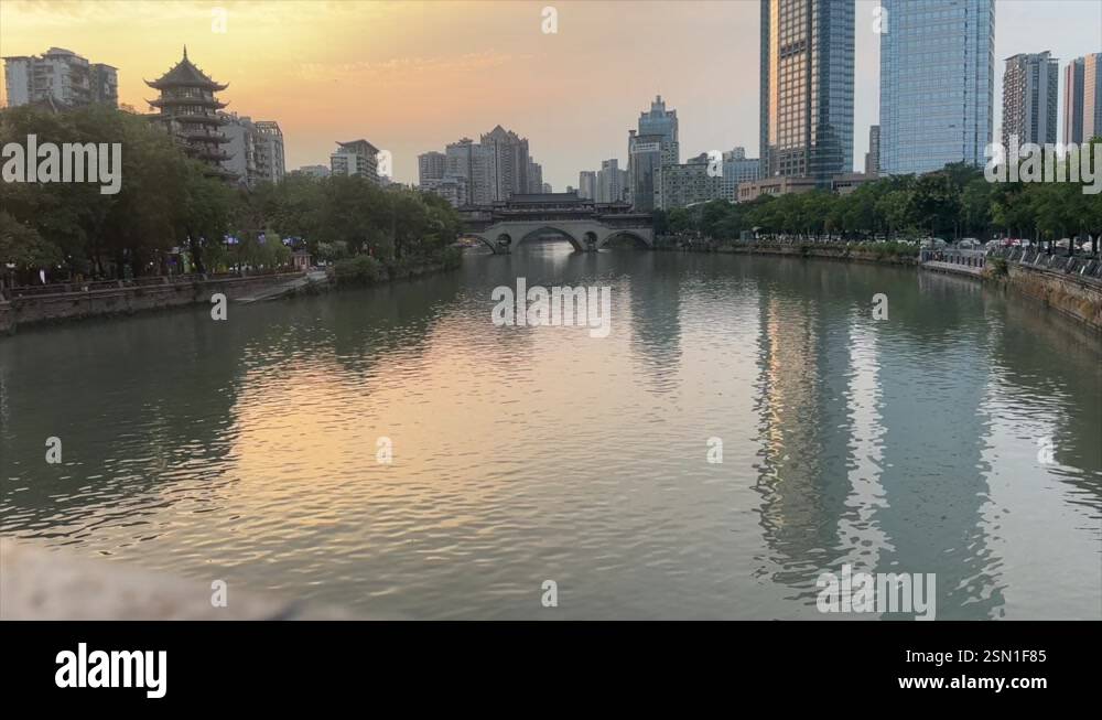 Chengdu China capital city of Sichuan Province sunset skyline bridge ...