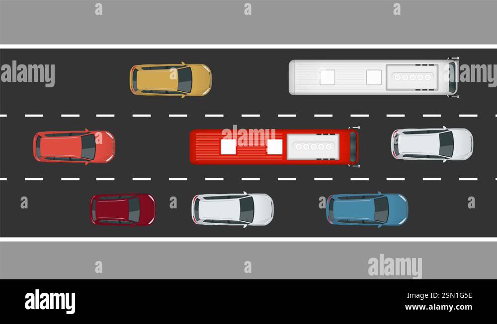4K video of 2D object animation of Moving vehicles on highway. Top view ...