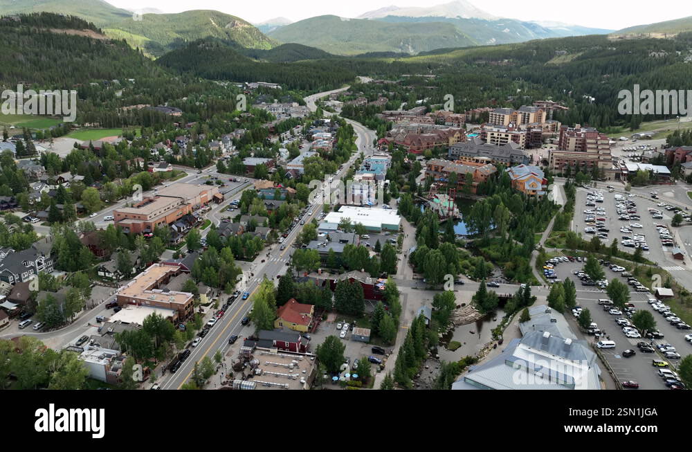 Rotating Aerial Reveal Of Downtown Breckenridge, Colorado With Traffic ...