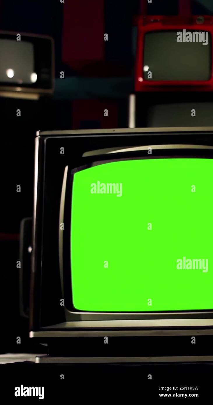 Stacked Vintage Television with Green Screen in Close Up - Vertical 4K ...