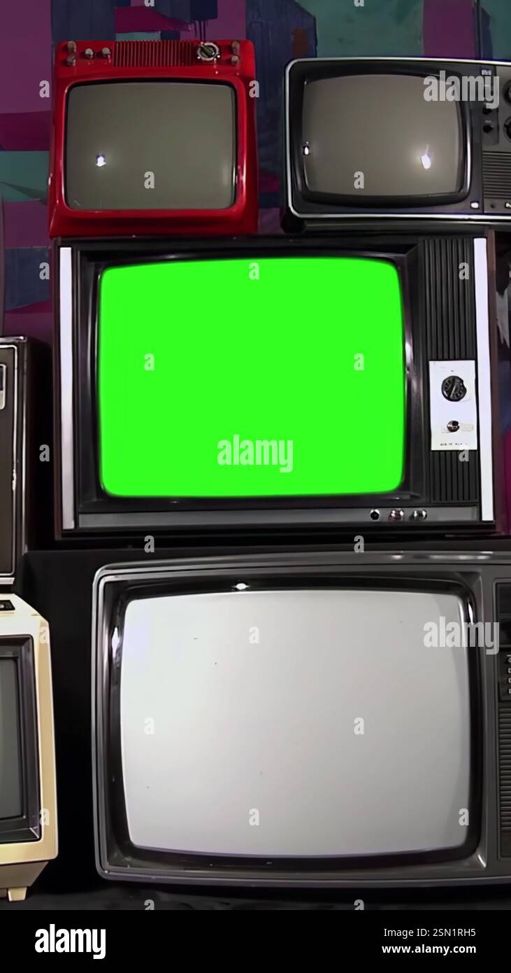 Stacked Old TV Turning On Green Screen Among Broken Vintage TVs, Zoom ...