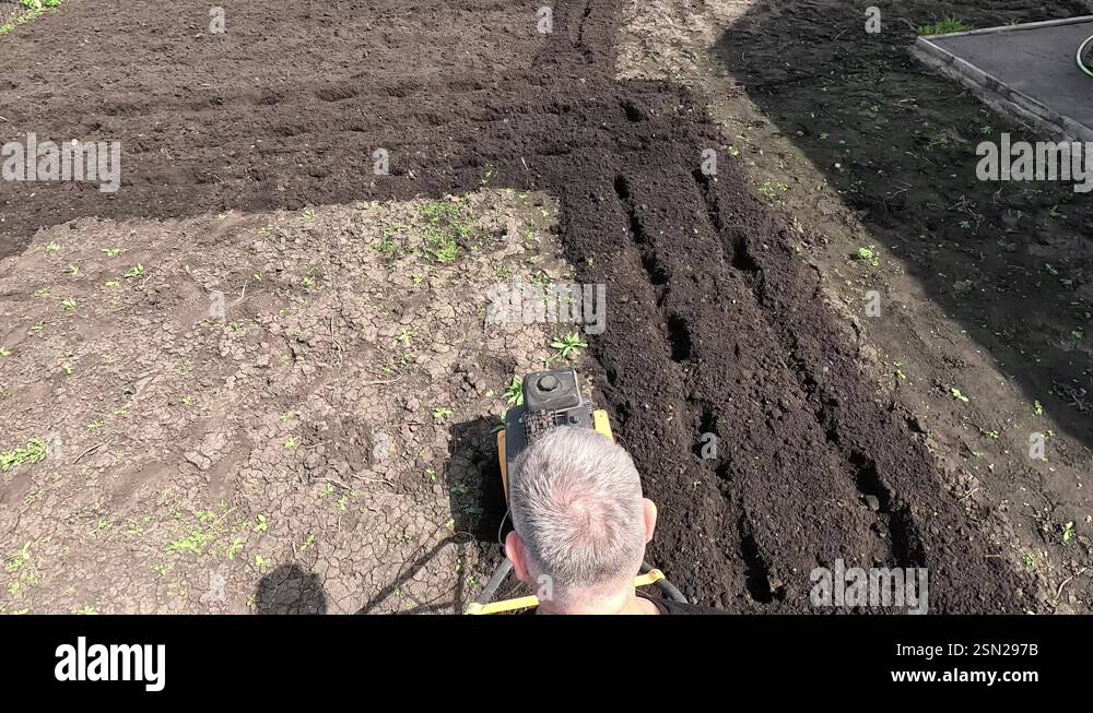 Manual cultivator for plowing land top view. Farmer's work. Cultivating ...