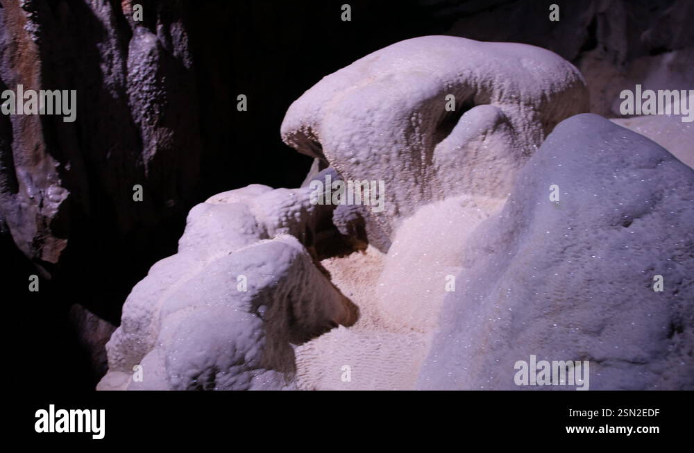 White mineral formations from deposits in a cave underground ...