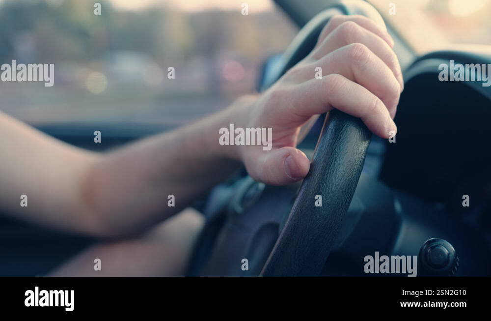 Driver Taps Finger on Steering Wheel: Stuck in Traffic Jam Close-up ...