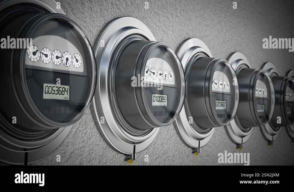 Electric meters in a row installed on the wall. 3D animation Stock ...