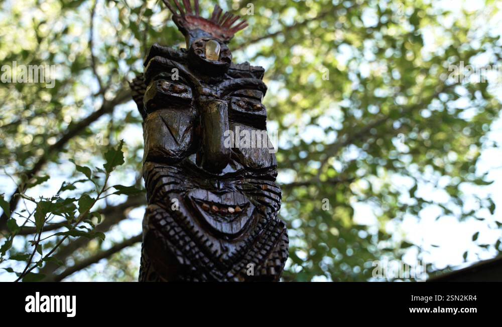 A large cultural statue of a Tiki God with a large leafy green tree in ...