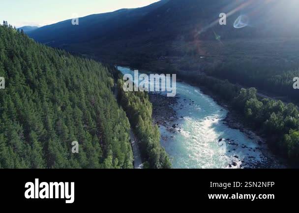 Aerial Drone view Of scenic beauty of Sjoa River mountain valey in ...