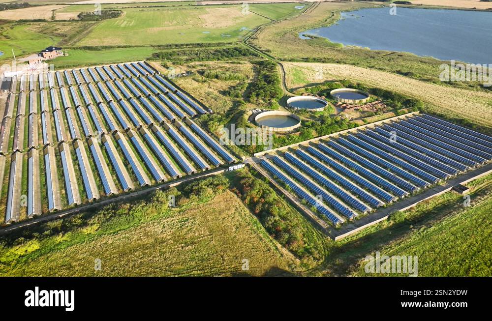 Solar farm with rows of solar panels installed on roofs of farm Stock ...